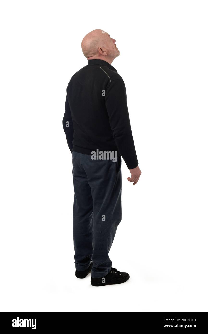back side view of a man looking up on white background Stock Photo - Alamy