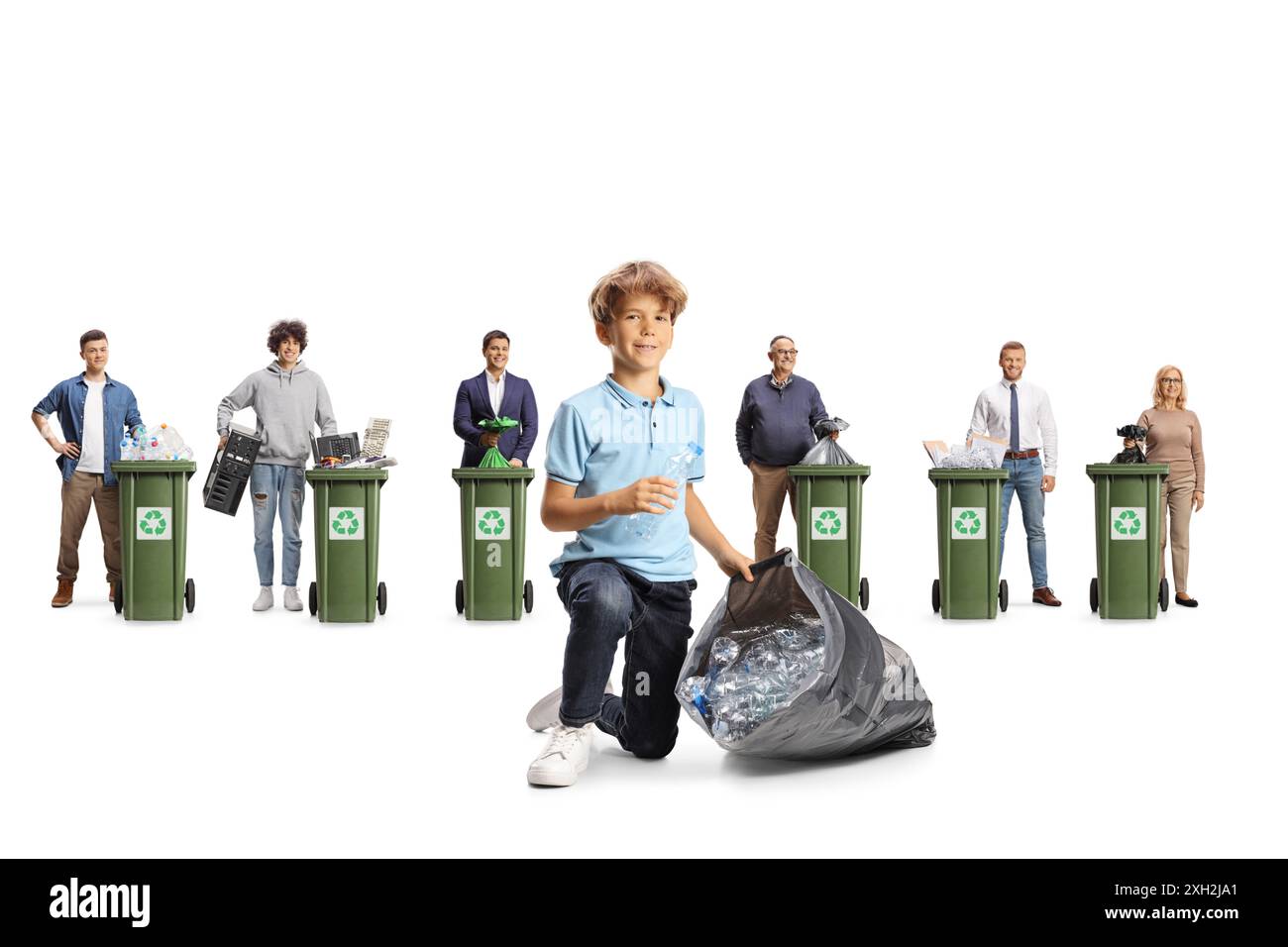 Boy and adults collecting plastic bottles and other recycling materials ...