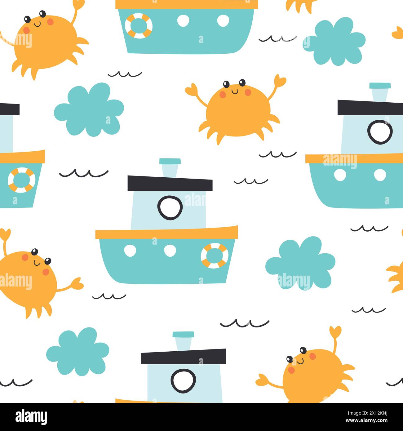 Childish seamless pattern with boats and crabs. Summer background. Vector illustration Stock ...