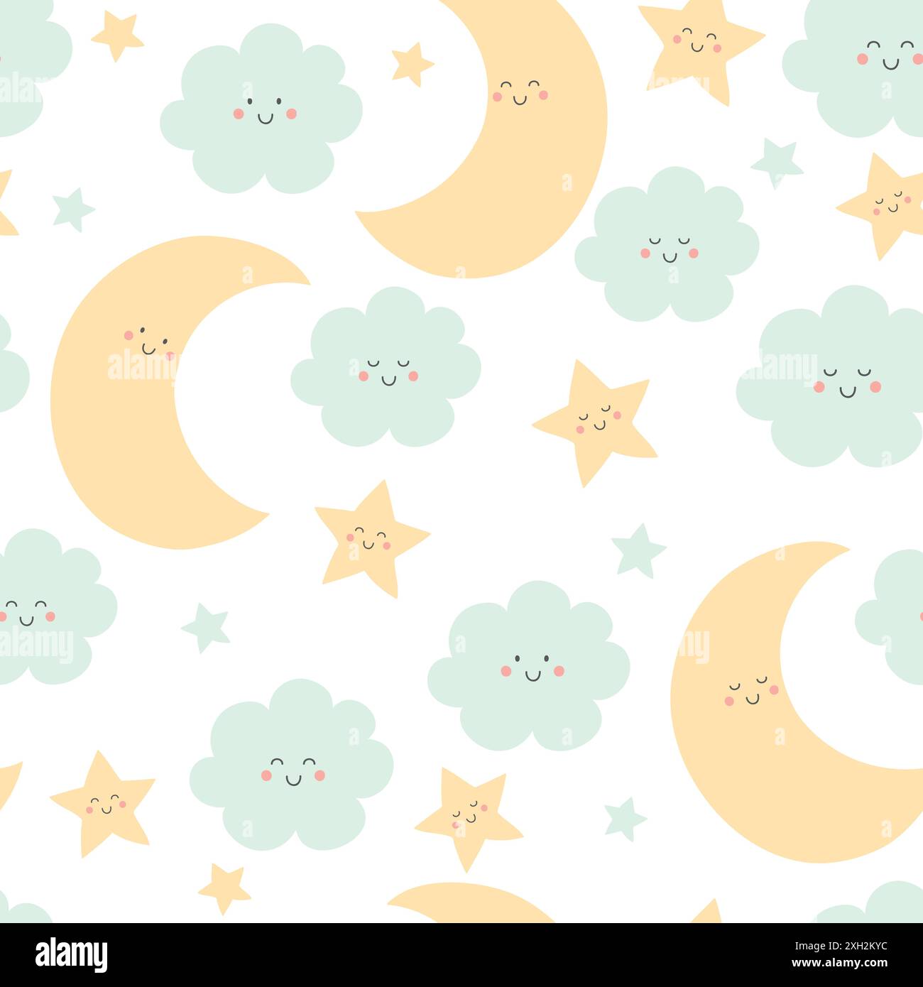 Seamless pattern with cute moon, clouds and stars. Sleeping moon, baby ...