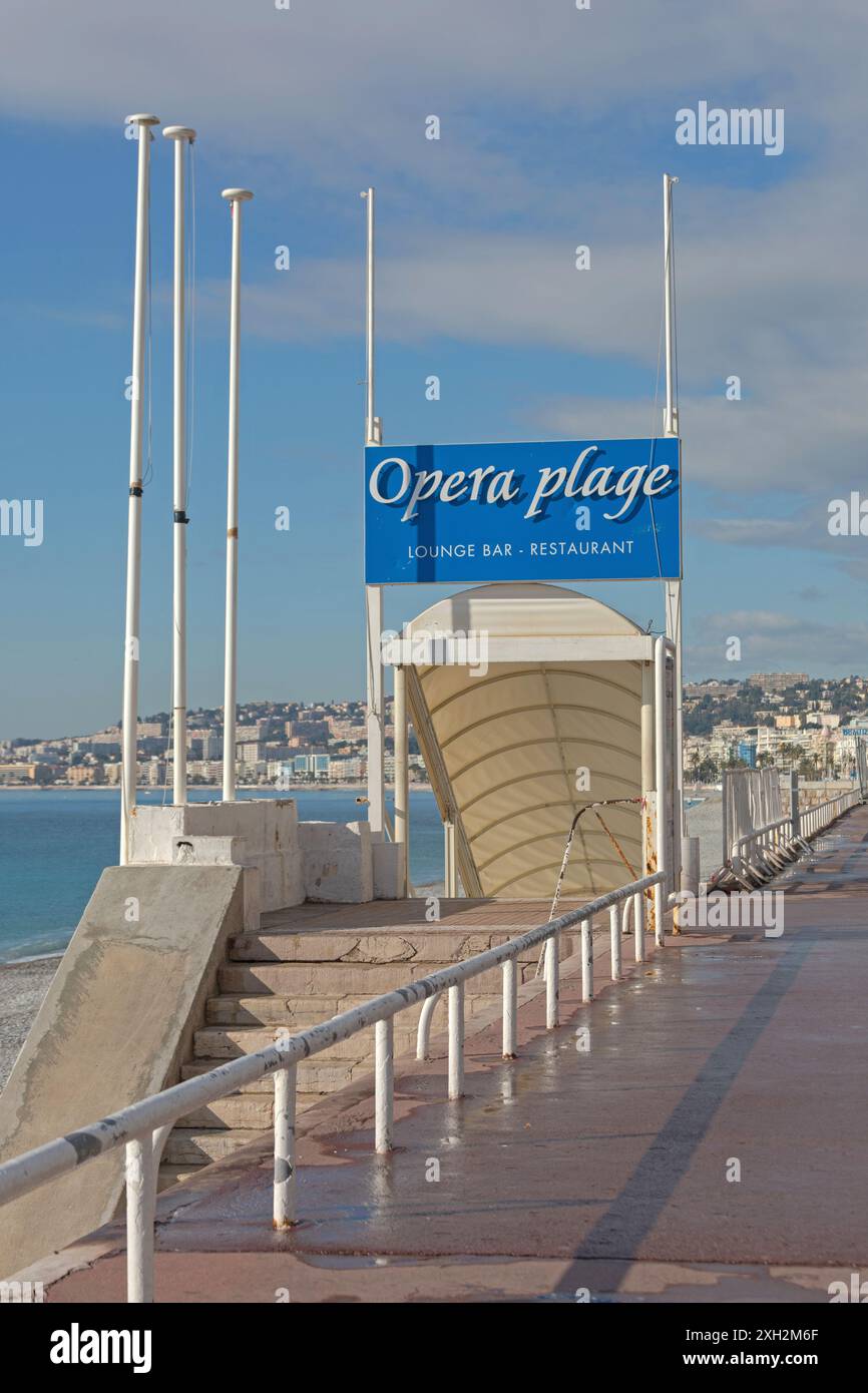 Nice, France - January 31, 2018: Blue Sign Opera Plage Lounge Bar and ...