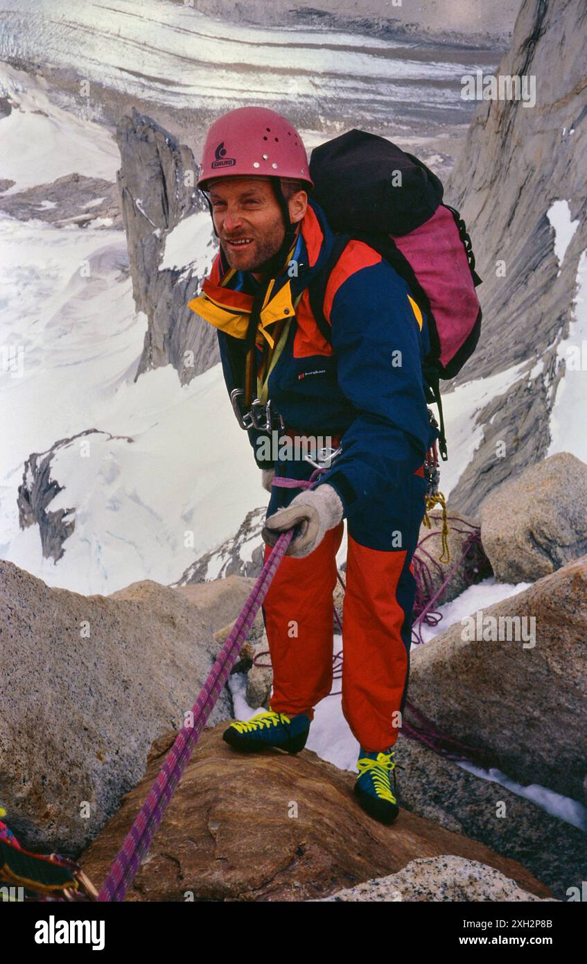 The norwegian climber Tor Tiller is descending from high up on the ...