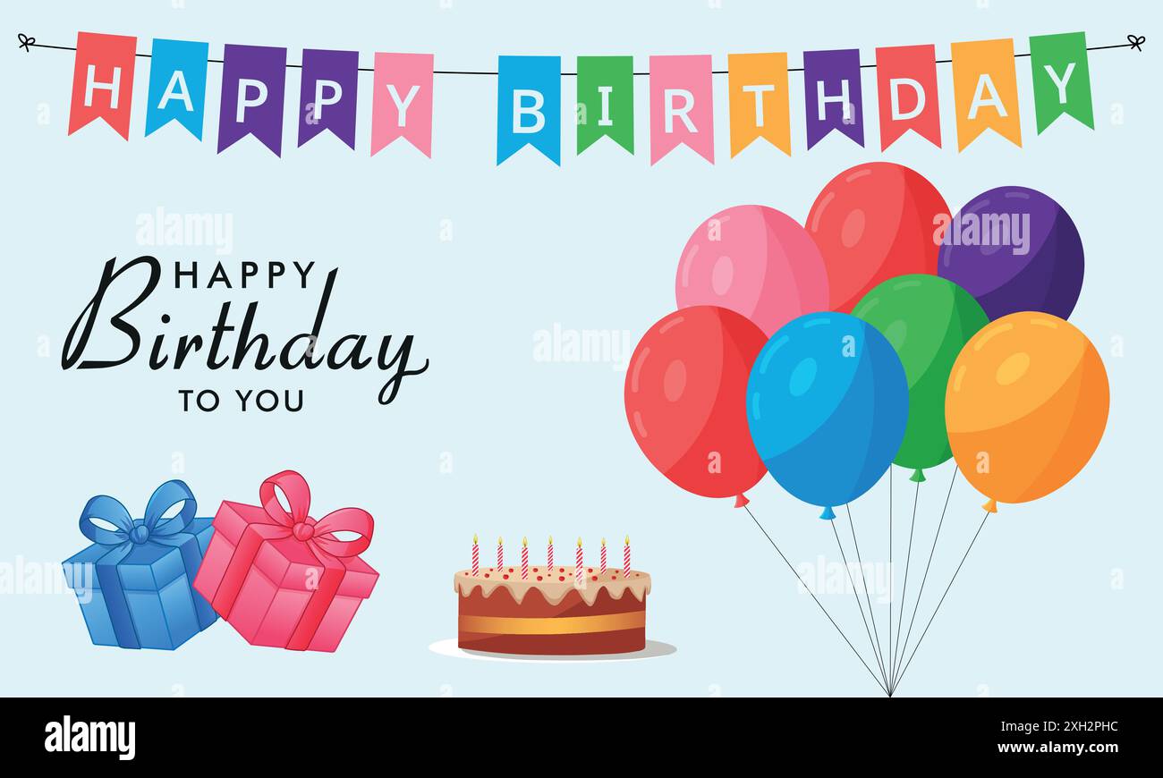 "Happy birthday to you" typography with bunch of balloons, cake, gift ...