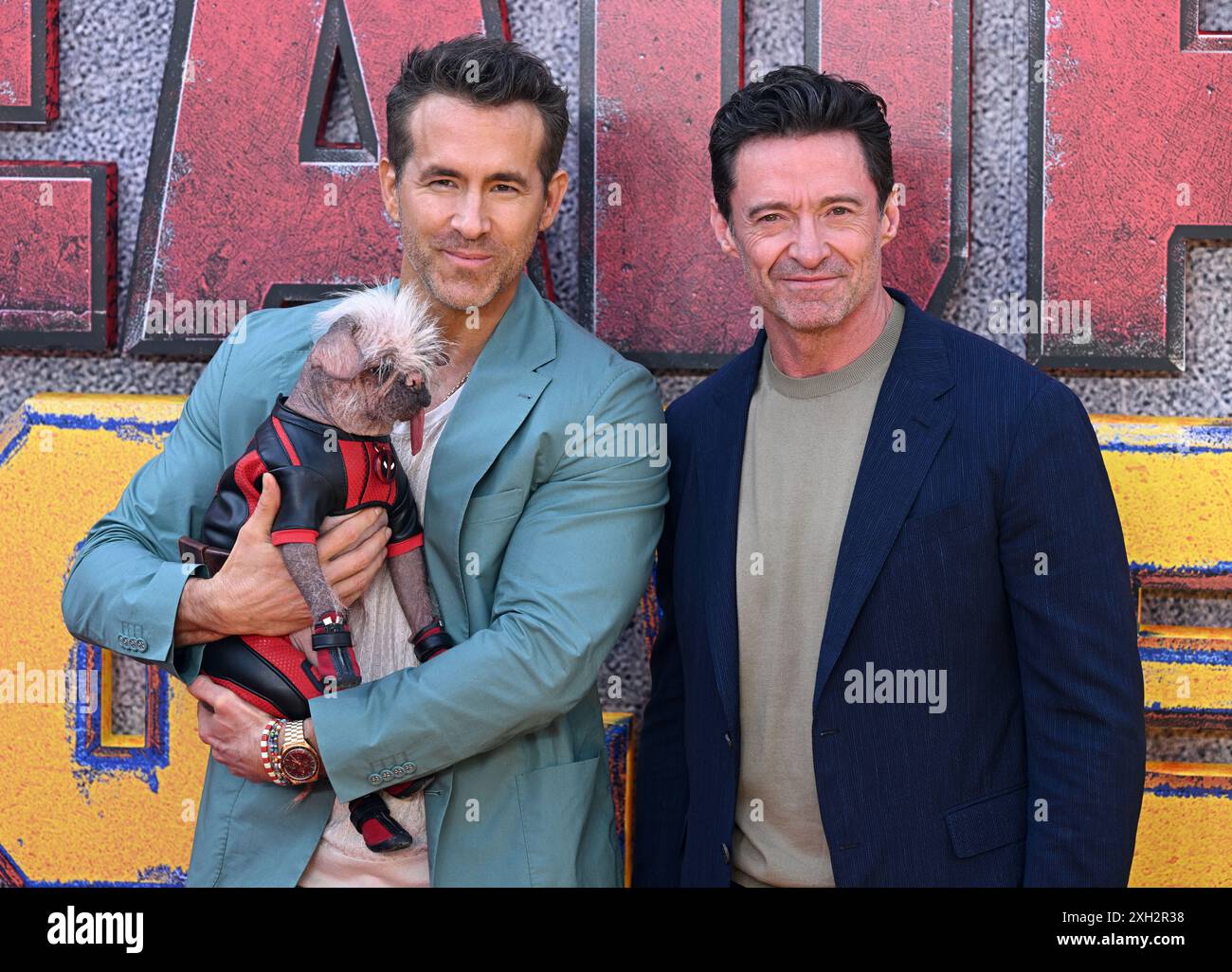 London, UK. July 11th, 2024. Hugh Jackman, Ryan Reynolds and Peggy aka ...