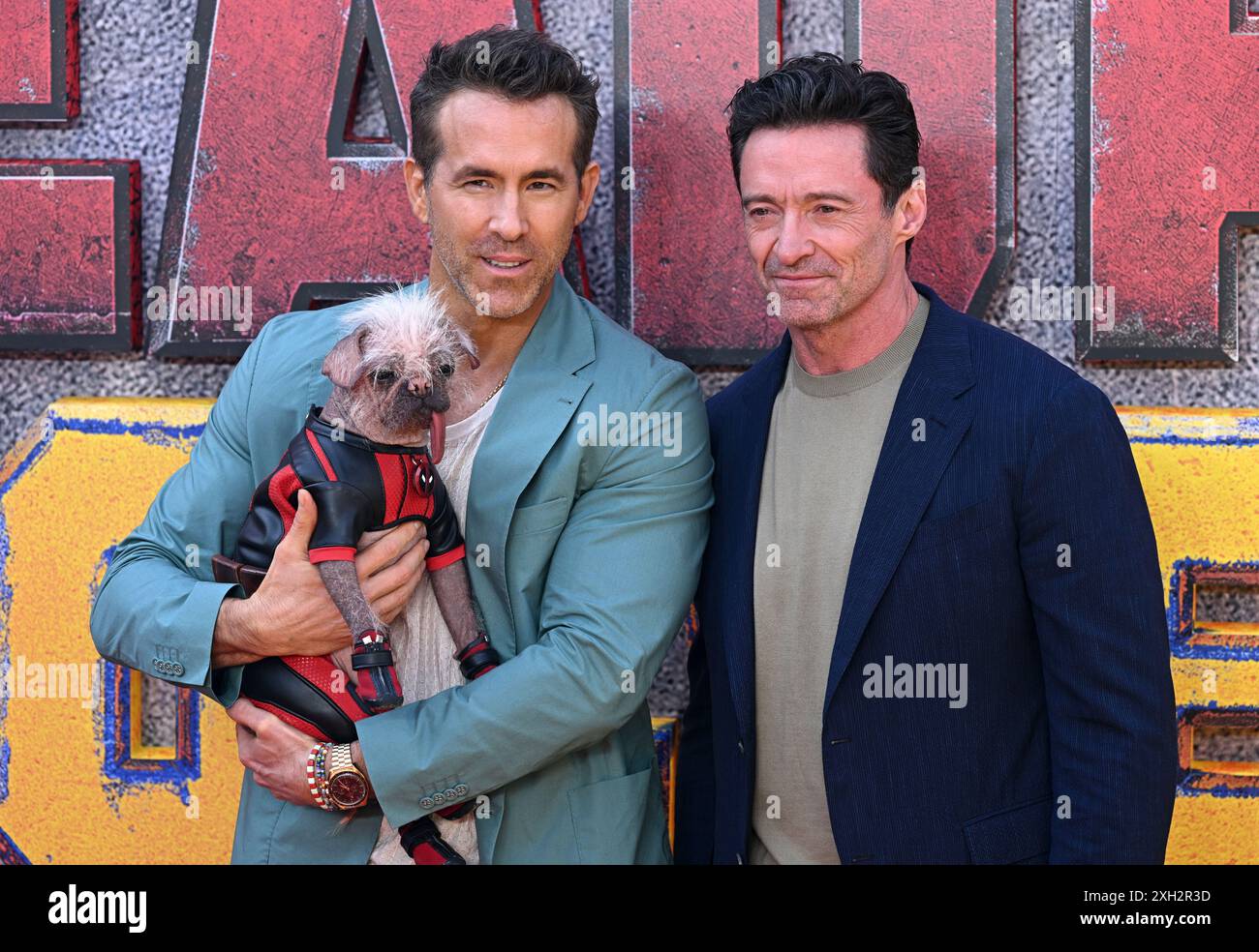 London, UK. July 11th, 2024. Hugh Jackman, Ryan Reynolds and Peggy aka ...