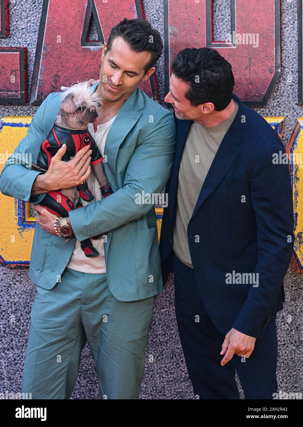 London, UK. July 11th, 2024. Hugh Jackman, Ryan Reynolds and Peggy aka ...