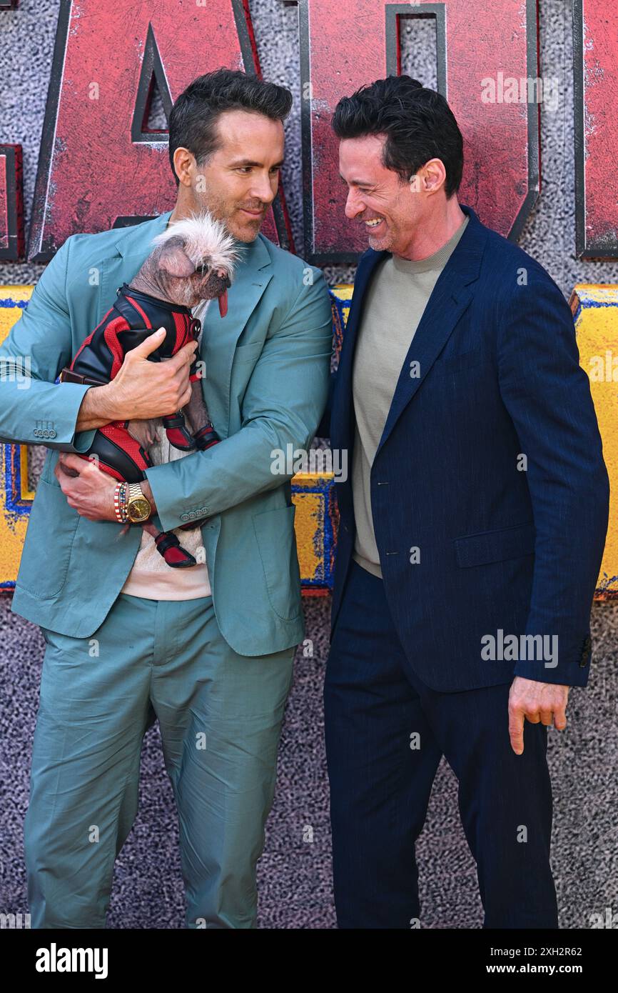 London, UK. July 11th, 2024. Hugh Jackman, Ryan Reynolds and Peggy aka ...