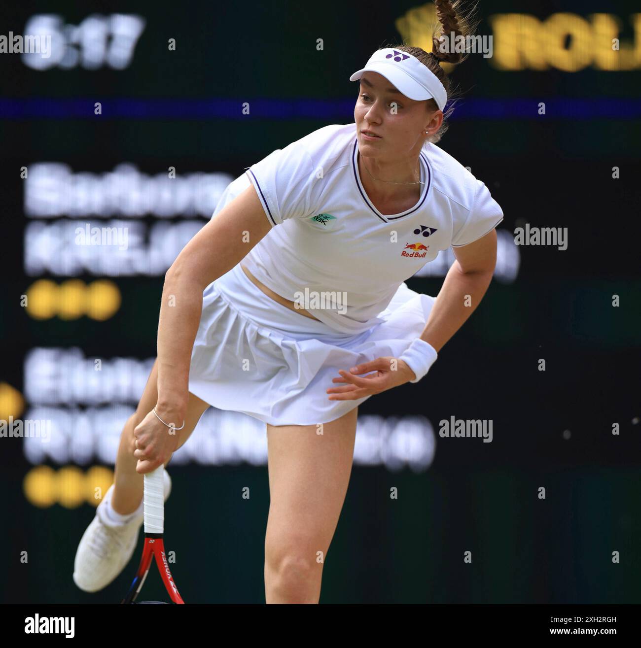 Elena Rybakina of Kazakhstan hits a serve to Barbora Krejcikova of the ...