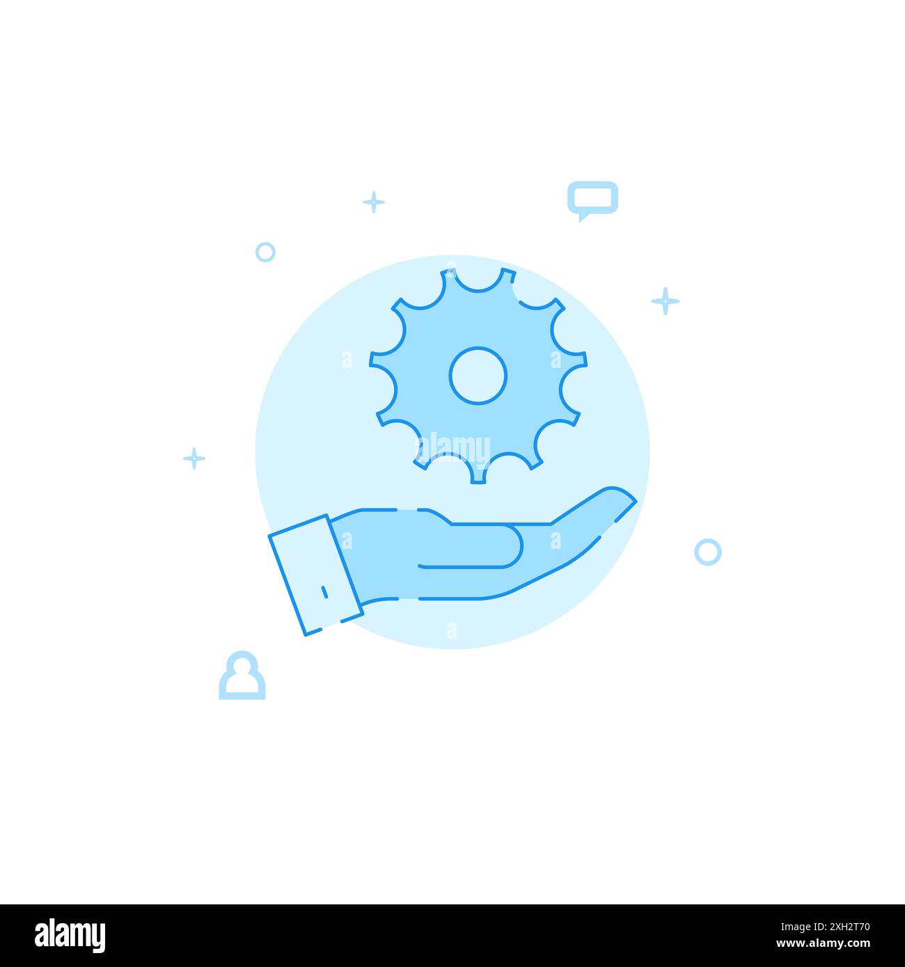 Hand and gear icon. Flat illustration. Filled line style. Blue ...