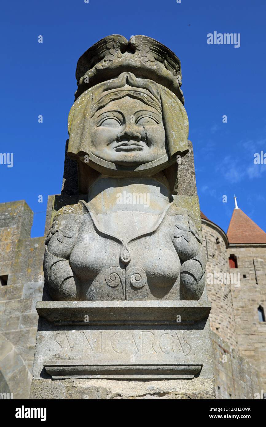 Bust of Lady Carcas at the main entrance to the medieval citadel of ...