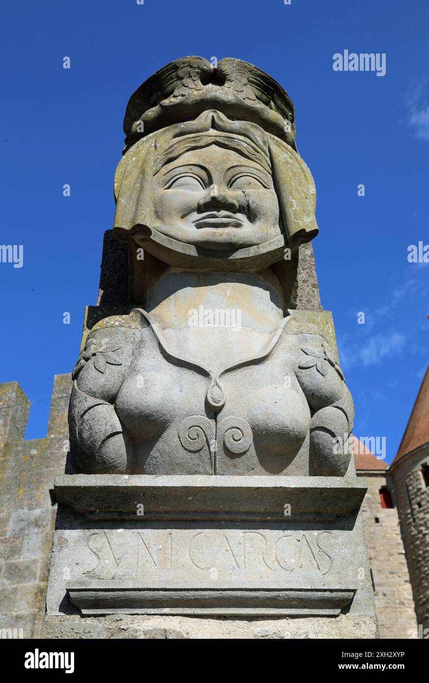 Bust of Lady Carcas at the main entrance to the medieval citadel of ...
