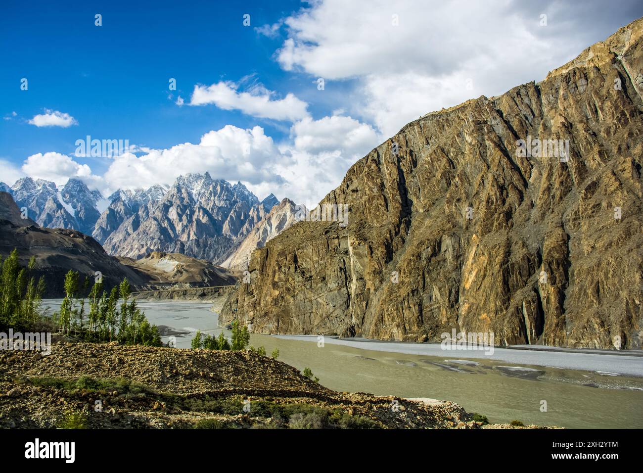 View of the mighty Passu cones or Passu cathedral 7,478 m high and a ...