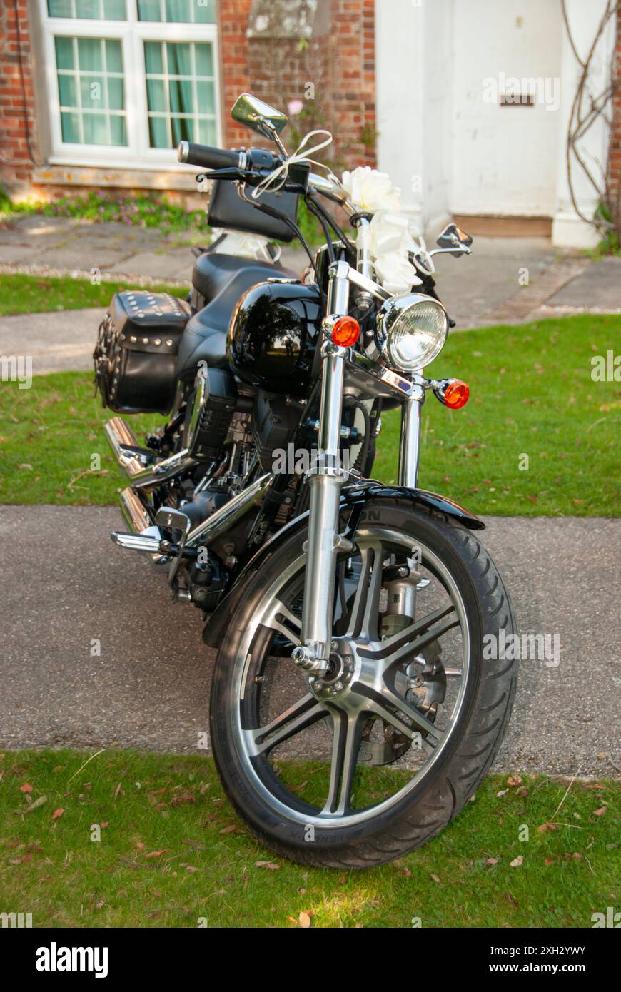 Motorcycle with wedding ribbons Stock Photo - Alamy
