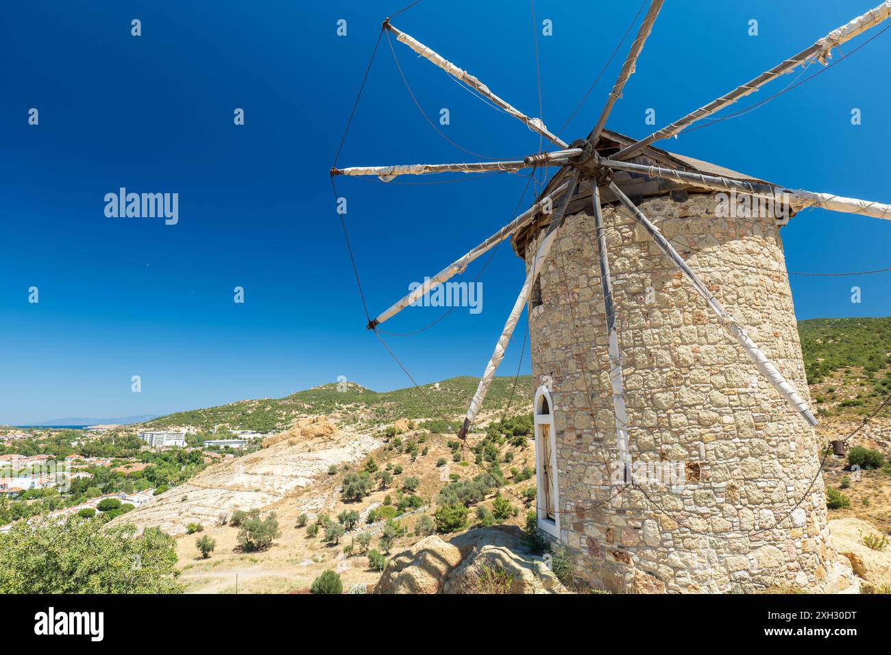 Eski Foca windmill, landmarks in Foca on the Aegean coast, Turkey Stock ...