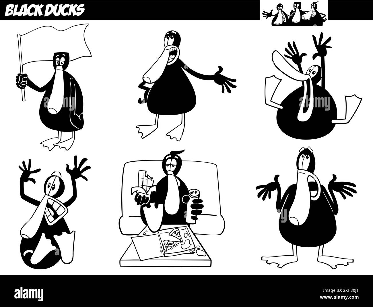 Cartoon illustration of funny black duck animal characters set coloring ...