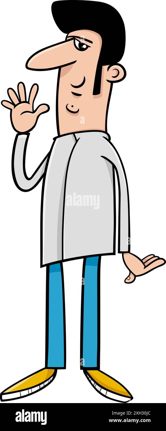 Cartoon illustration of funny man Comic character waving hand Stock ...