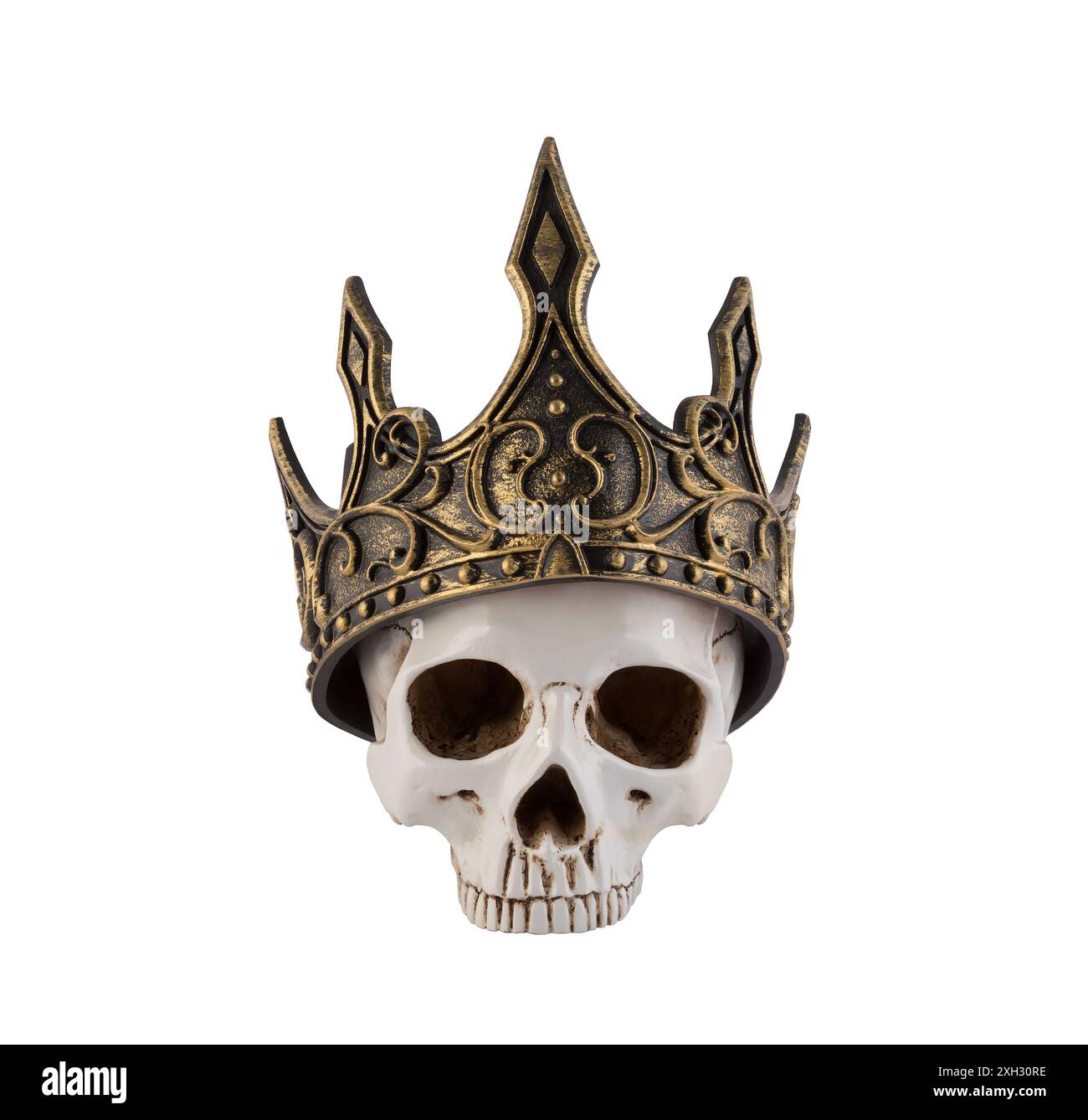Human skull with ancient golden crown isolated on white background with ...