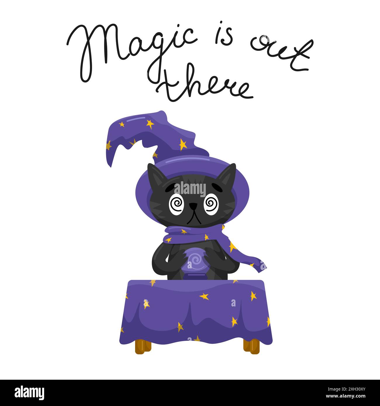 Cute cat in a witch hat and cloak casting a spell on a magic ball ...