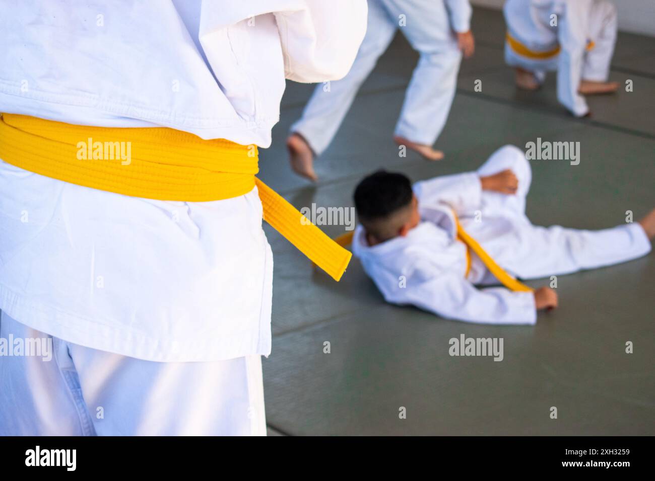 The Children practicing martial arts in a dojo, wearing white uniforms and yellow belts Stock ...