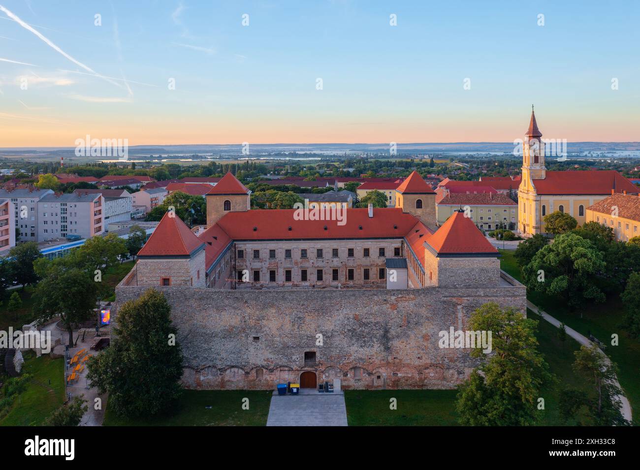Aerial view about the famous Thury castle in the heart of Varpalota ...