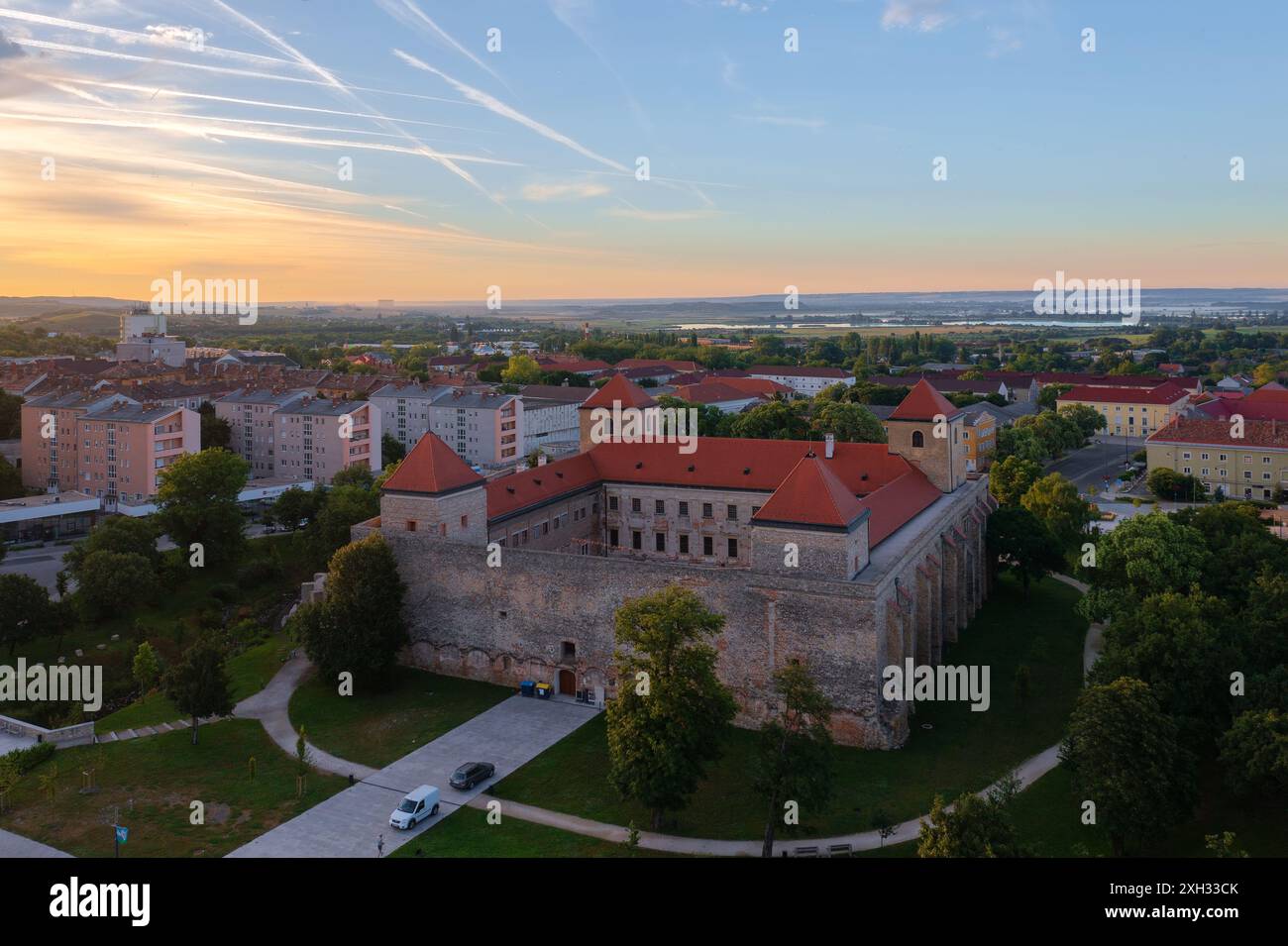 Aerial view about the famous Thury castle in the heart of Varpalota ...