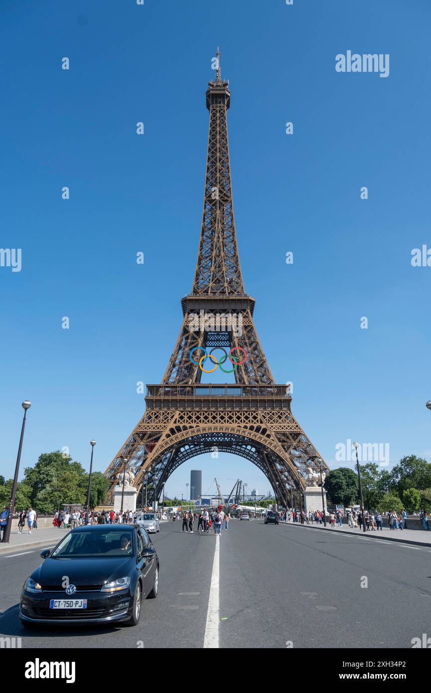 Paris, France, june 07 2024 - Eiffel Tower with Olympic rings to mark the games taking place in ...