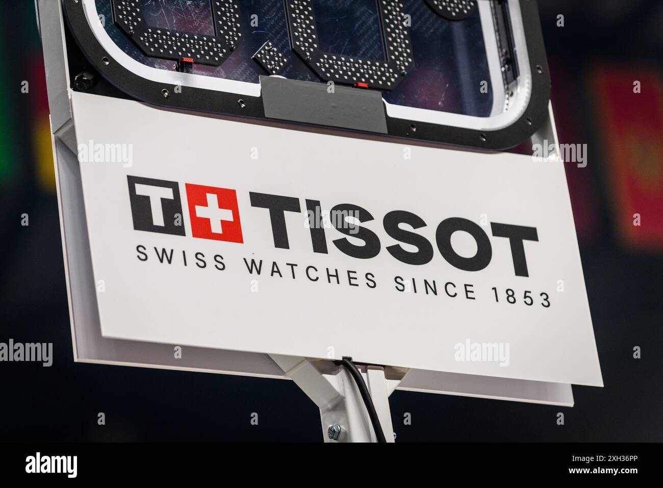 RIGA, LATVIA. 2nd July 2024. TISSOT logo at basketball arena. TISSOT is ...