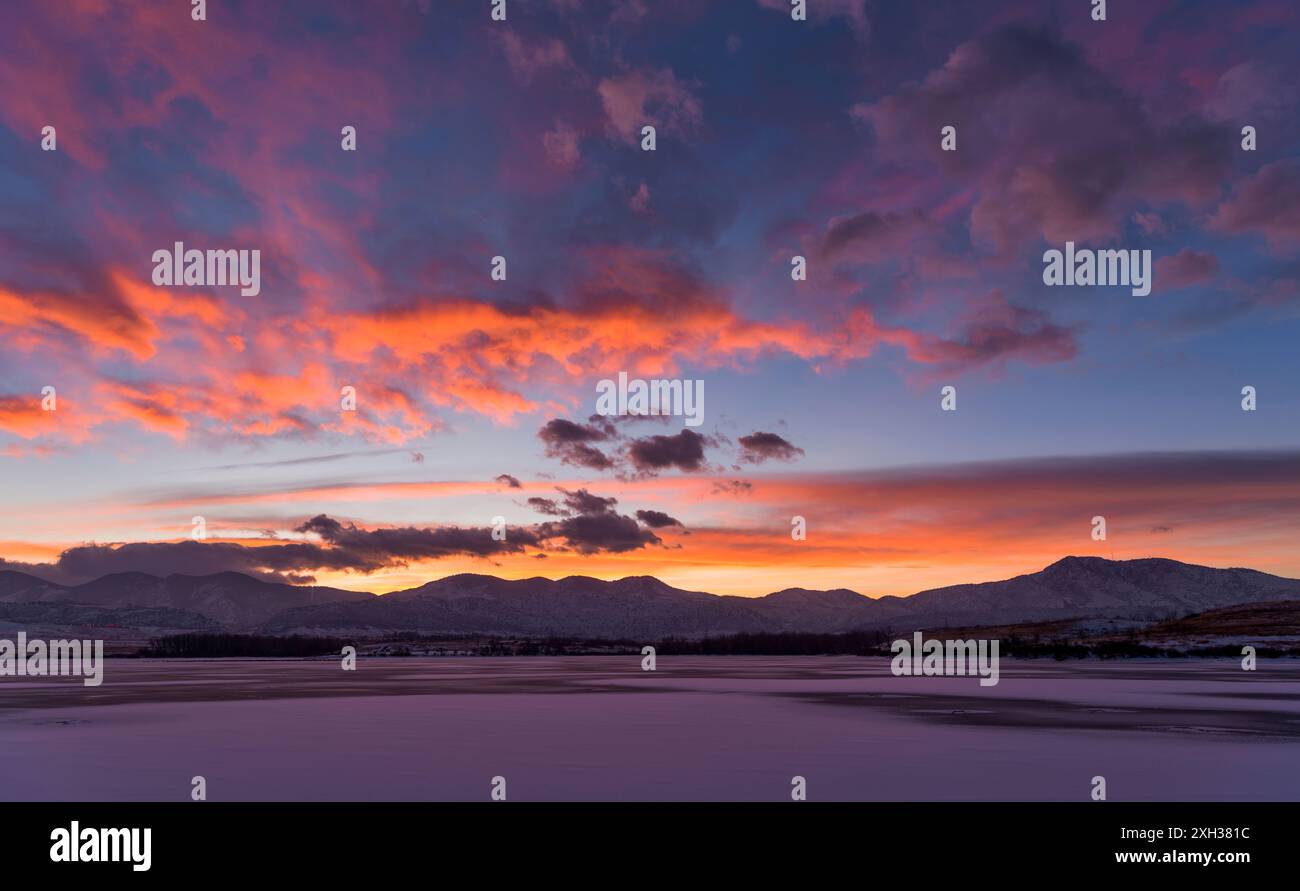 Sunset Winter Mountain Lake - Panorama of colorful sunset clouds ...