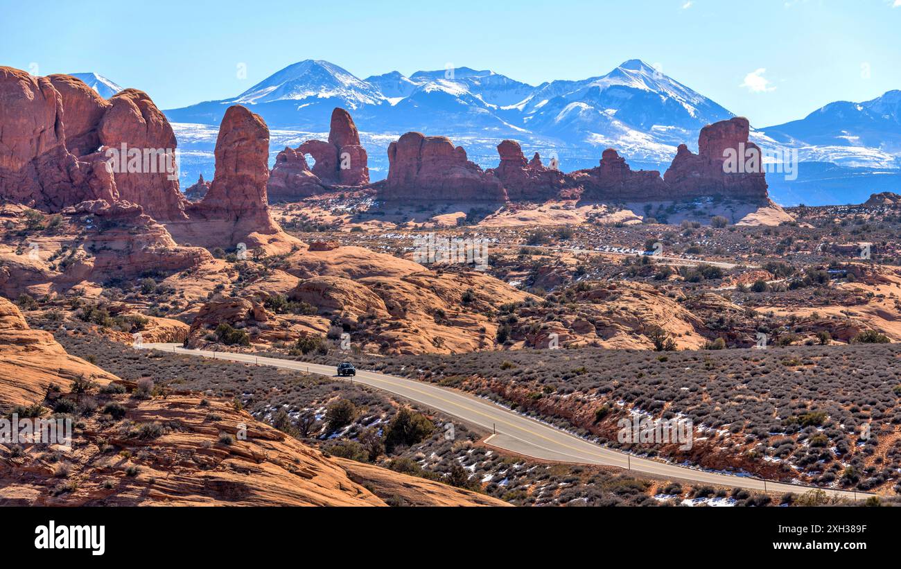 Winter at The Windows - Panorama of a road winding in front of scenic ...