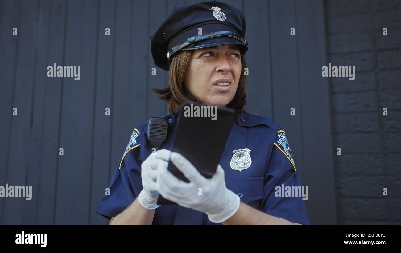 A middle-aged female police officer in uniform examines a smartphone ...