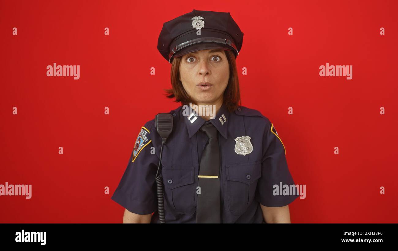 Surprised hispanic policewoman against an isolated red background Stock ...