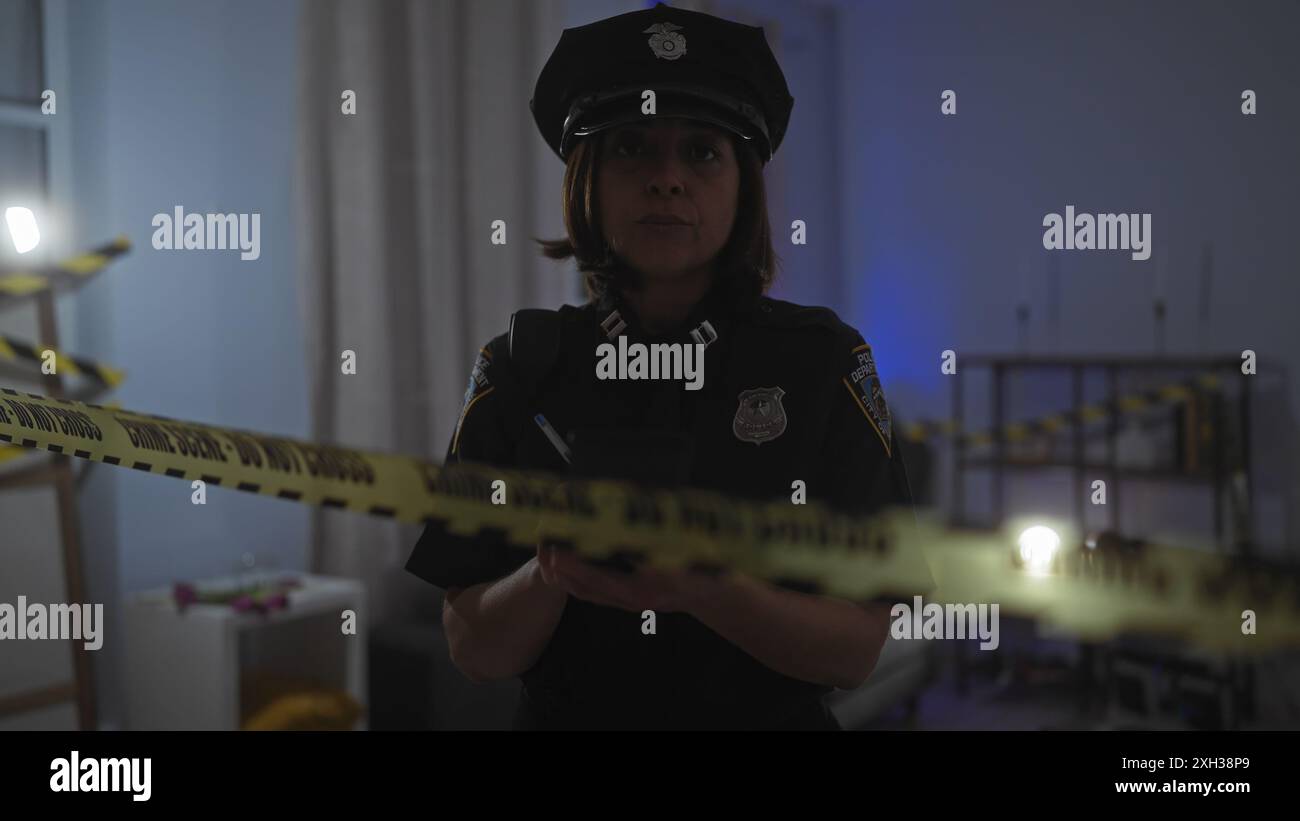 A focused policewoman taking notes at crime scene indoors Stock Photo ...