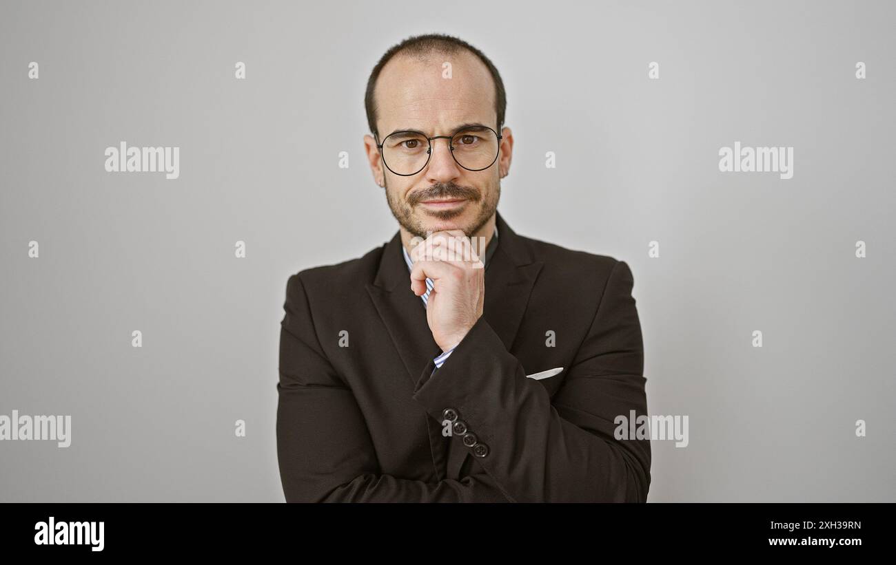 A thoughtful hispanic man with a beard and glasses poses against a ...