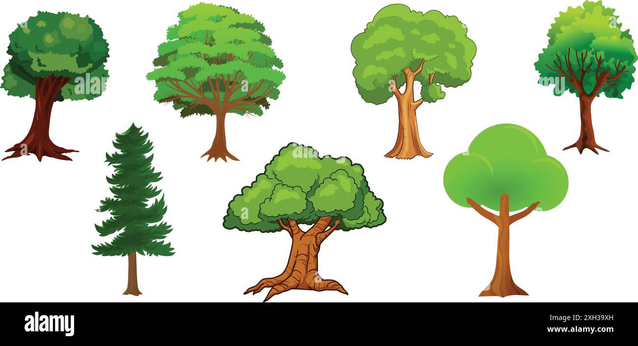various detailed colorful green cartoon trees set collection vector ...