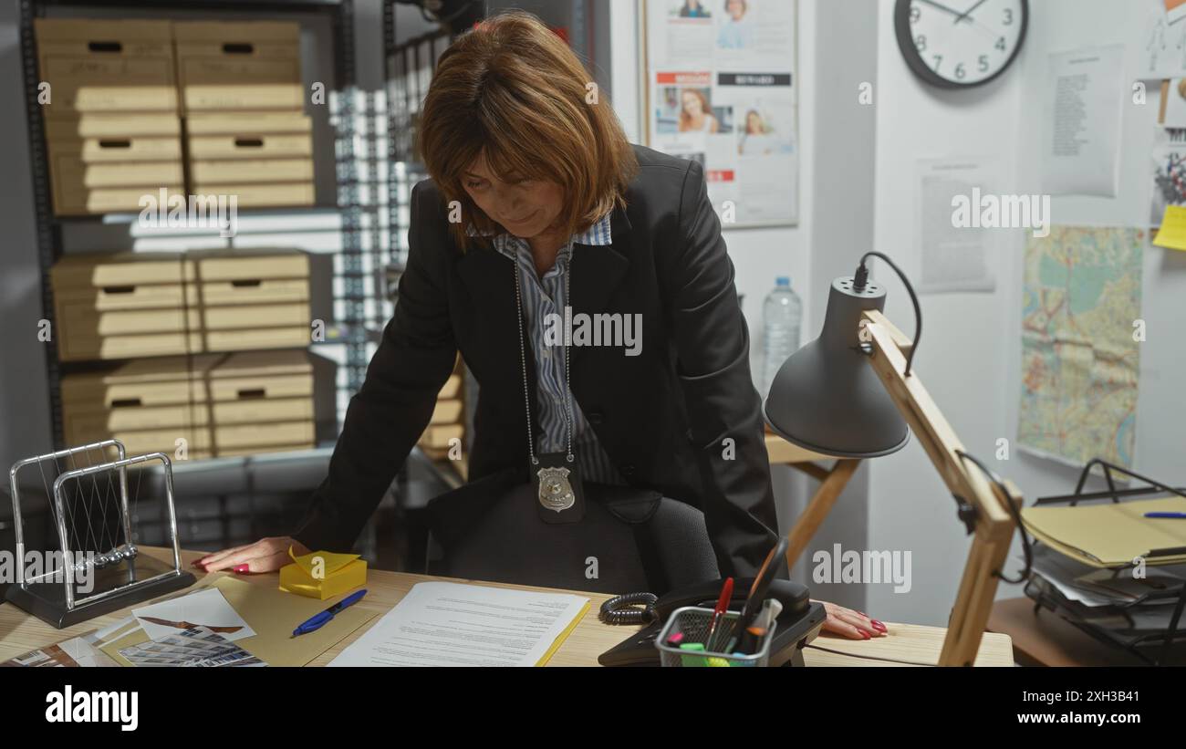 A woman detective examines documents at her police station office ...