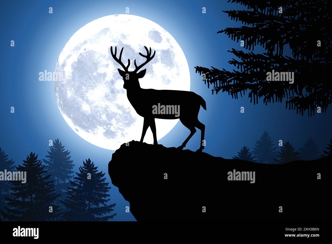 reindeer stag buck silhouette on a hill crest by large full moon in a ...