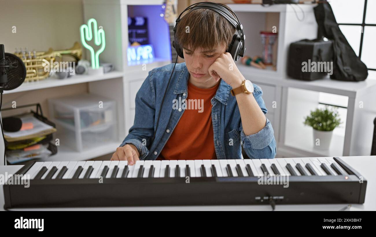 Teen boy focused on playing a keyboard in a home music studio setup ...