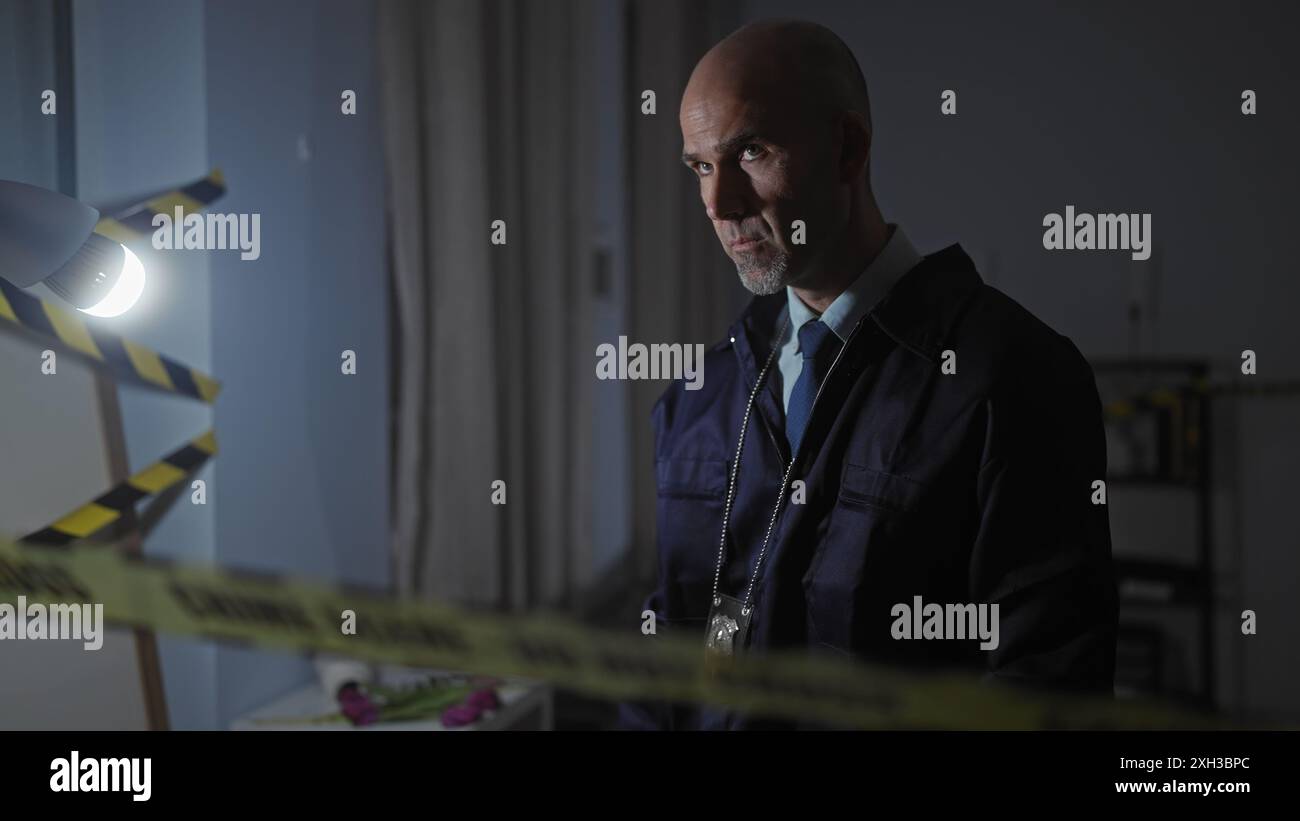 Bald detective with beard analyzing indoor crime scene at night, with ...