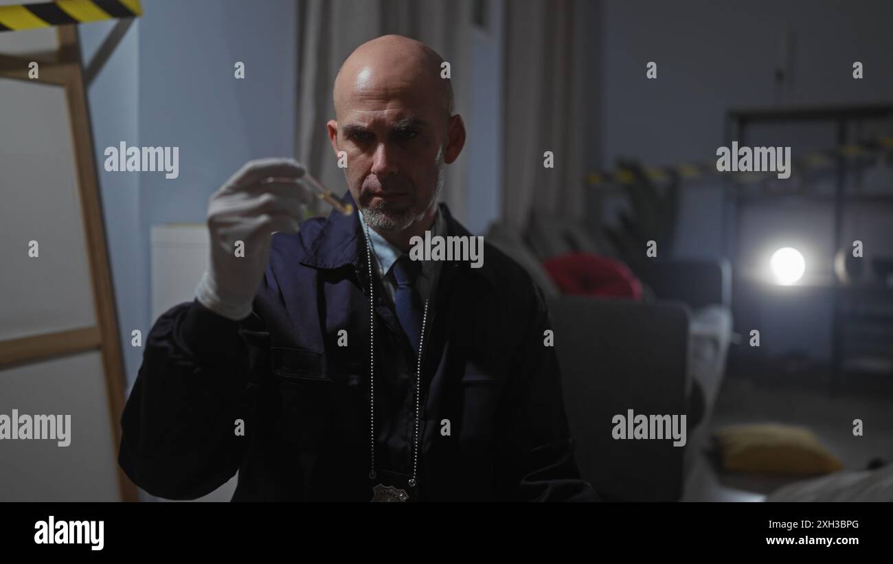 Bald detective analyzing evidence in a dimly lit crime scene ...