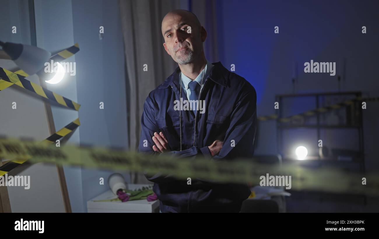 Bald detective with beard in a jacket crosses his arms at a nighttime ...