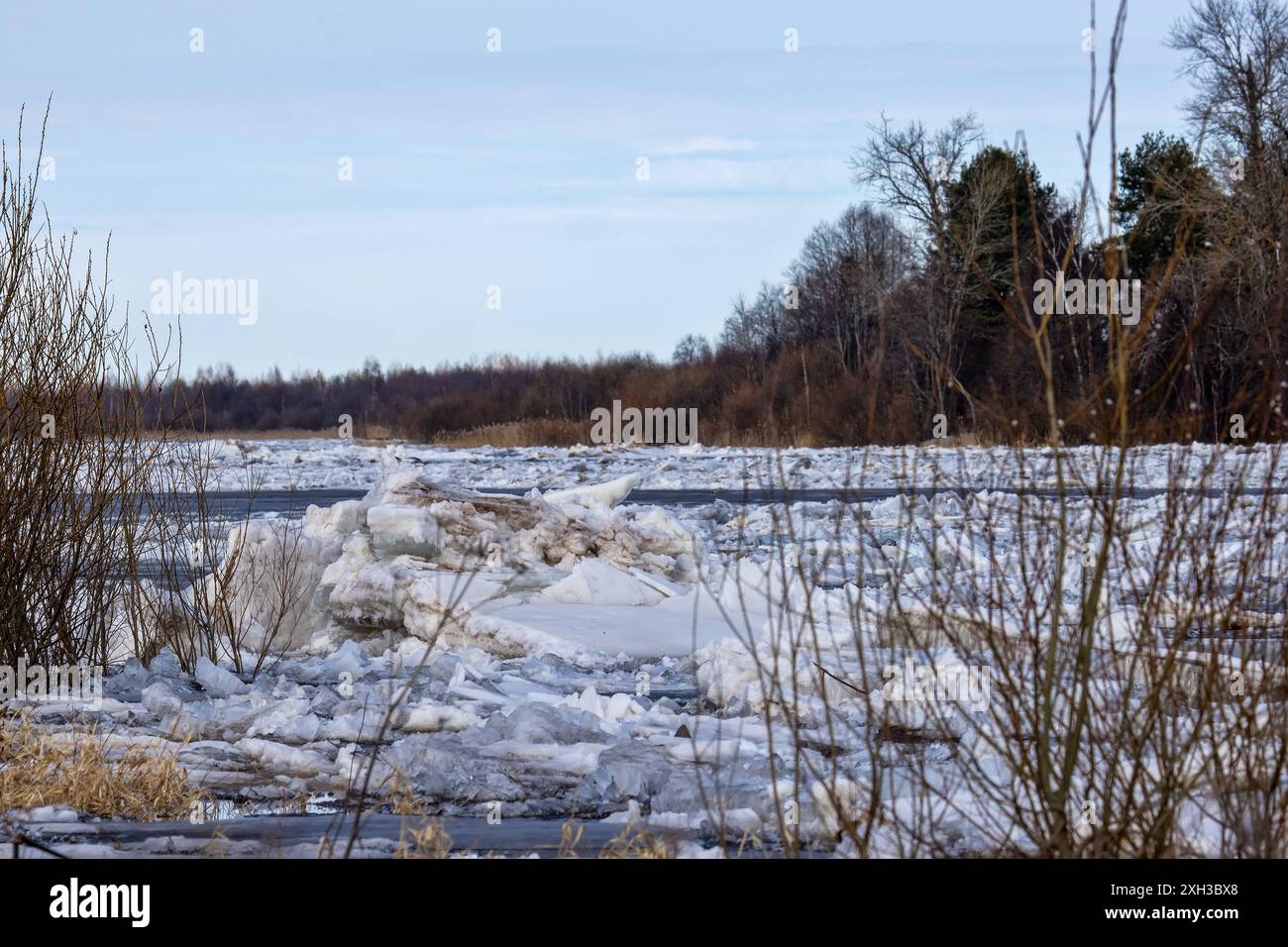 A landscape of an ice drift (ice-boom, debacle) on the northern river ...