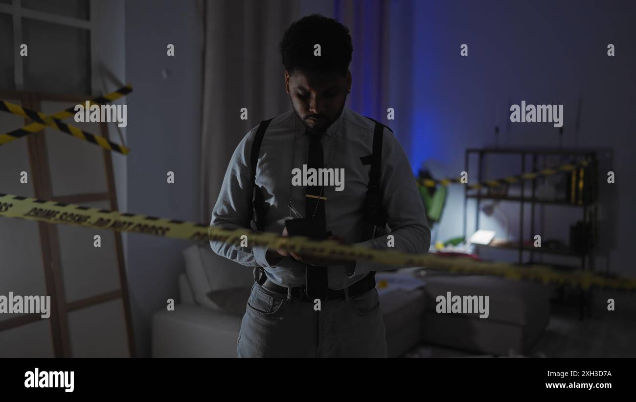 A focused man analyzing a crime scene in a dimly lit indoor room with ...