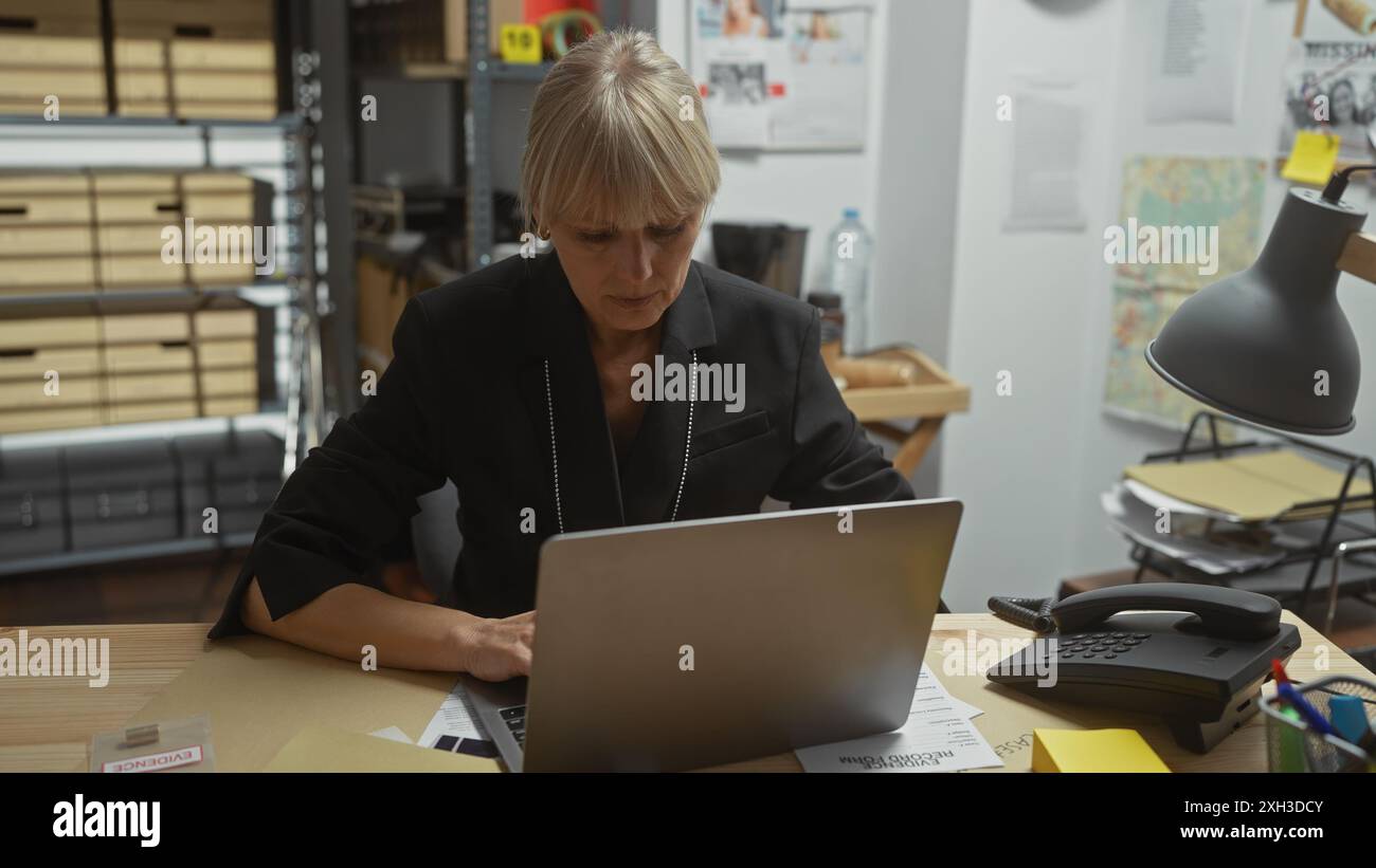 A focused caucasian woman detective works at her desk in a police ...