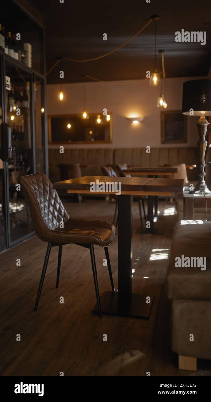 Interior view of a cozy restaurant with ambient lighting featuring ...