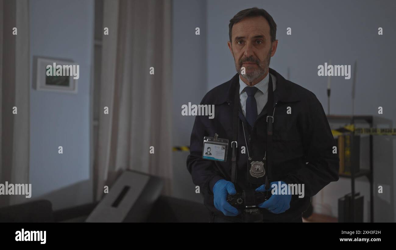 Mature bearded man in detective attire holding camera inspects crime ...