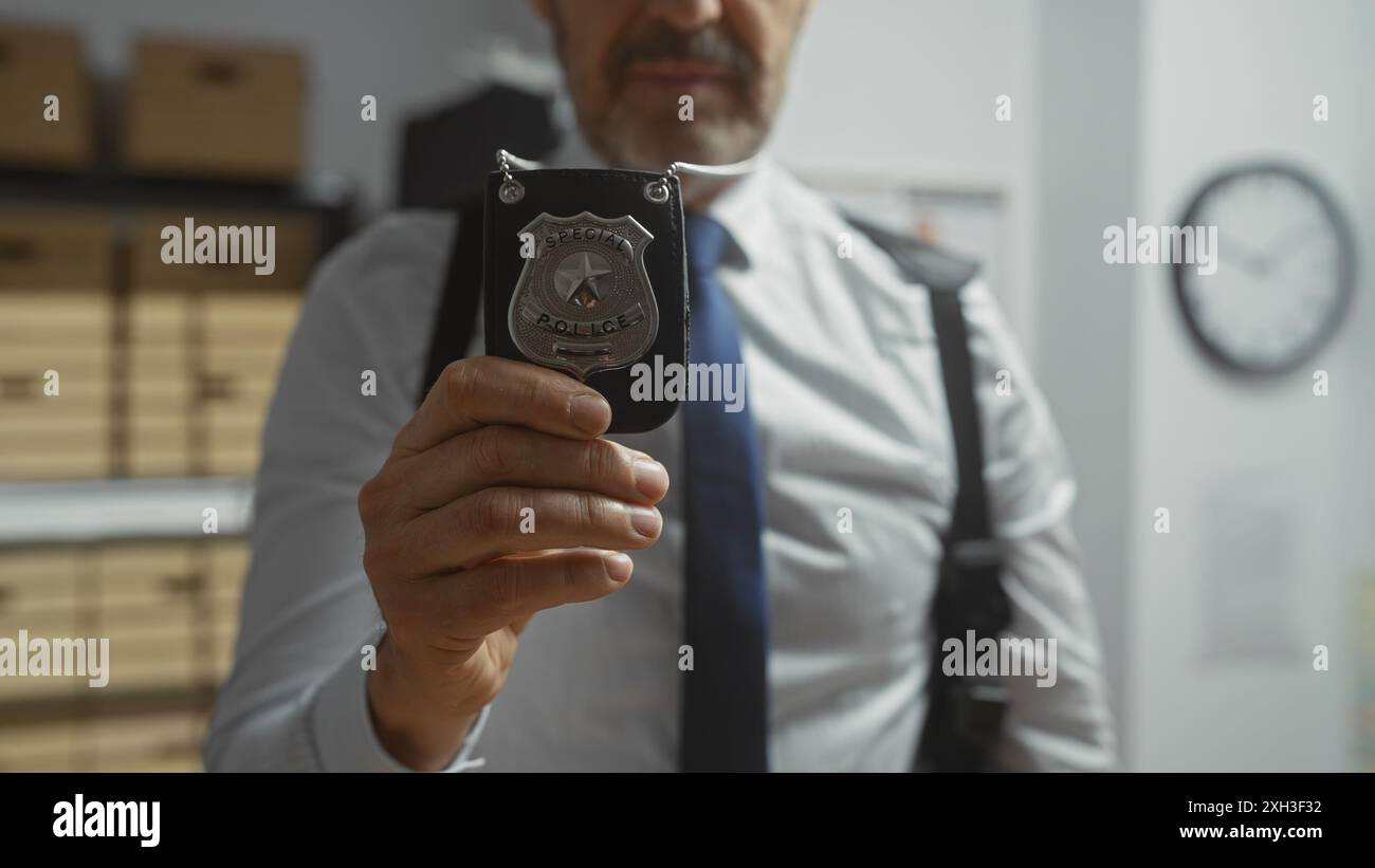 A mature, bearded, badge-holding man presenting his detective identity ...