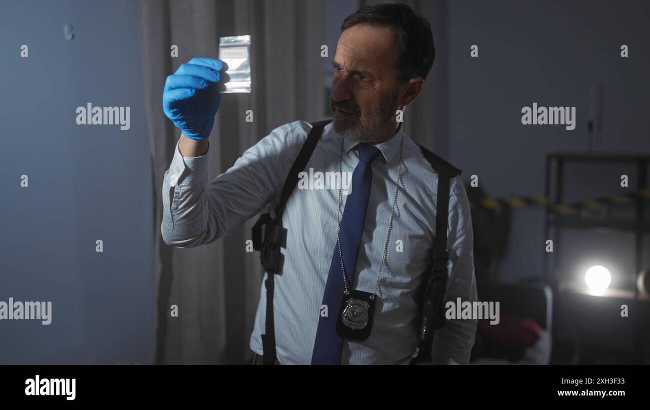 Mature detective man analyzing evidence in a dimly lit crime scene room ...