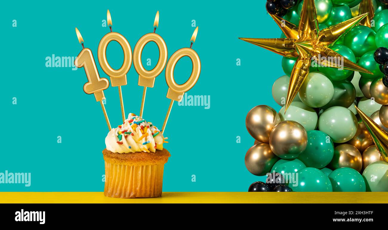 Birthday card number 1000 - Cupcake with balloons Stock Photo - Alamy