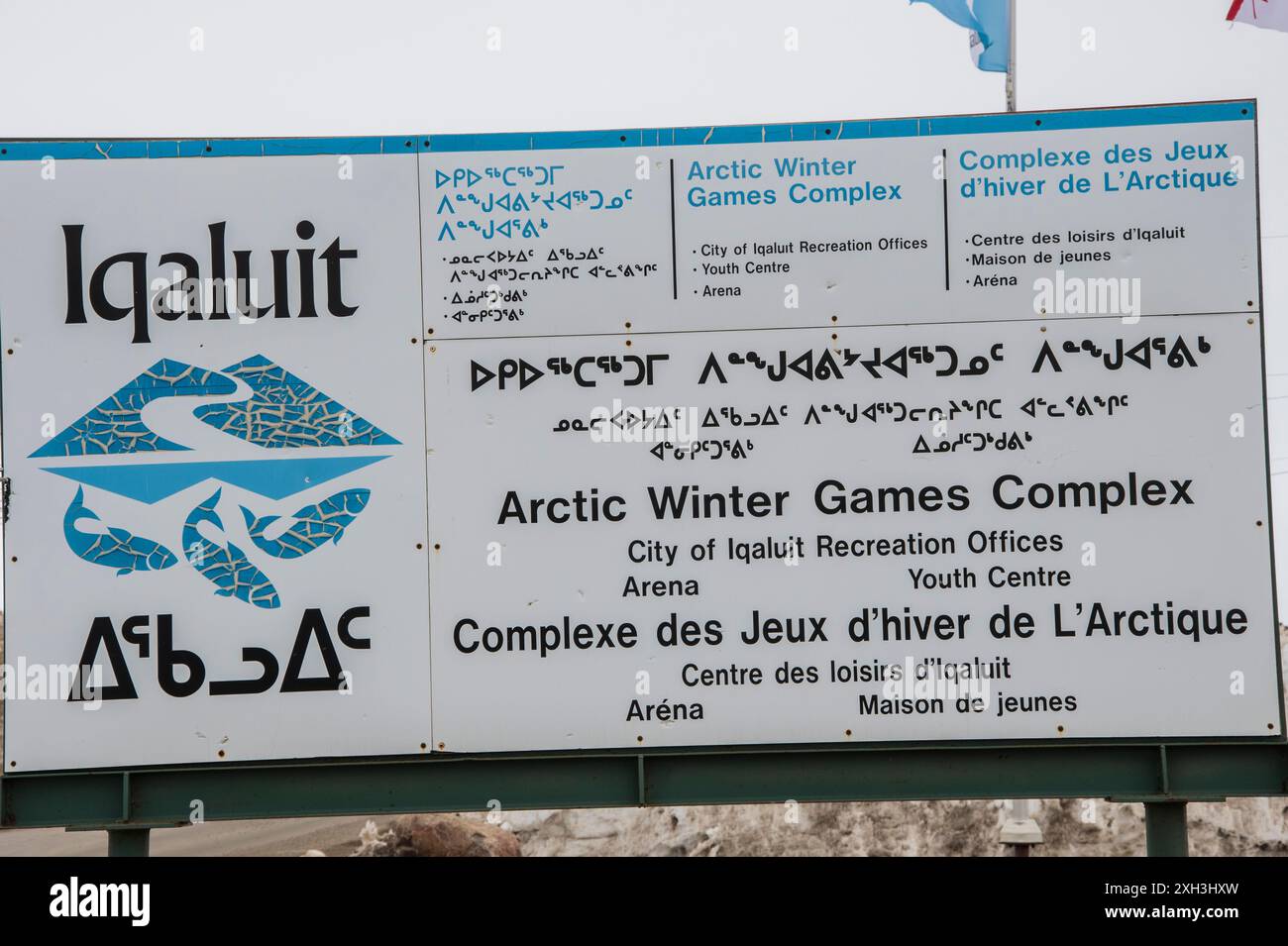 Multilingual Arctic Winter Games Complex sign in English, French and ...