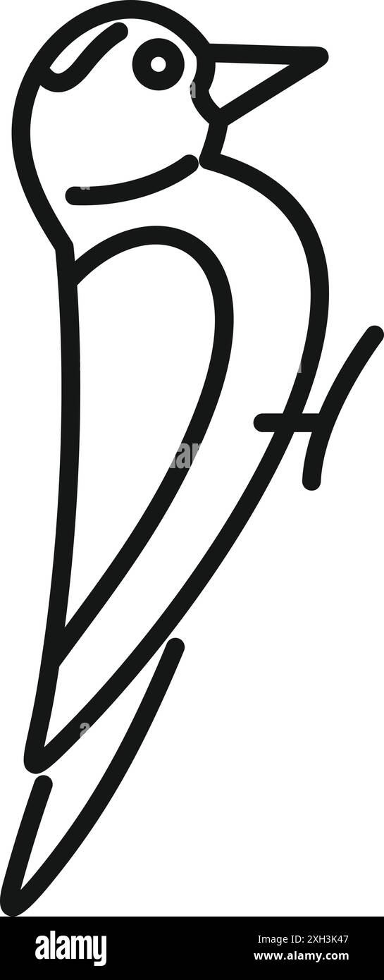 Simple line drawing of a small woodpecker bird standing on a branch ...